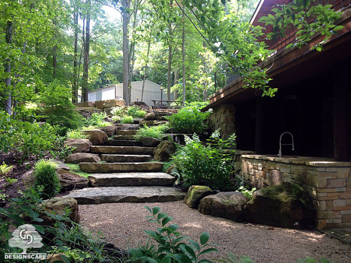 Shade Garden with Sandstone Steps and Boulders – DESIGNSCAPE